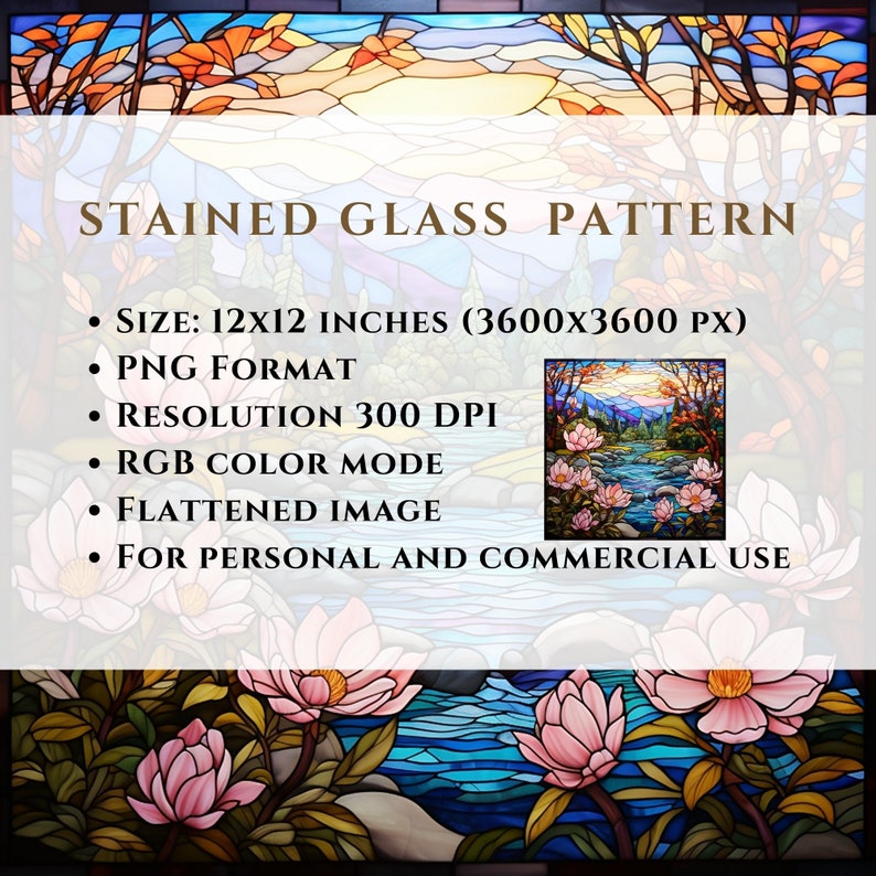 Spring Scenery Stained Glass Pattern, Mountains Landscape, Sublimation ...