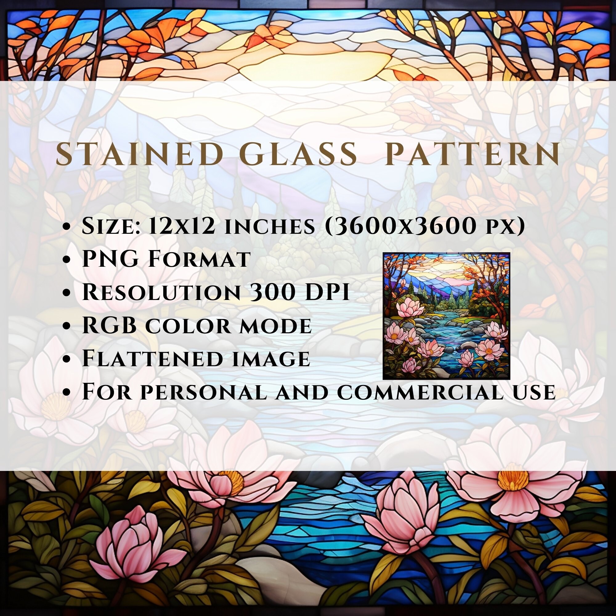 Spring Scenery Stained Glass Pattern, Mountains Landscape, Sublimation ...