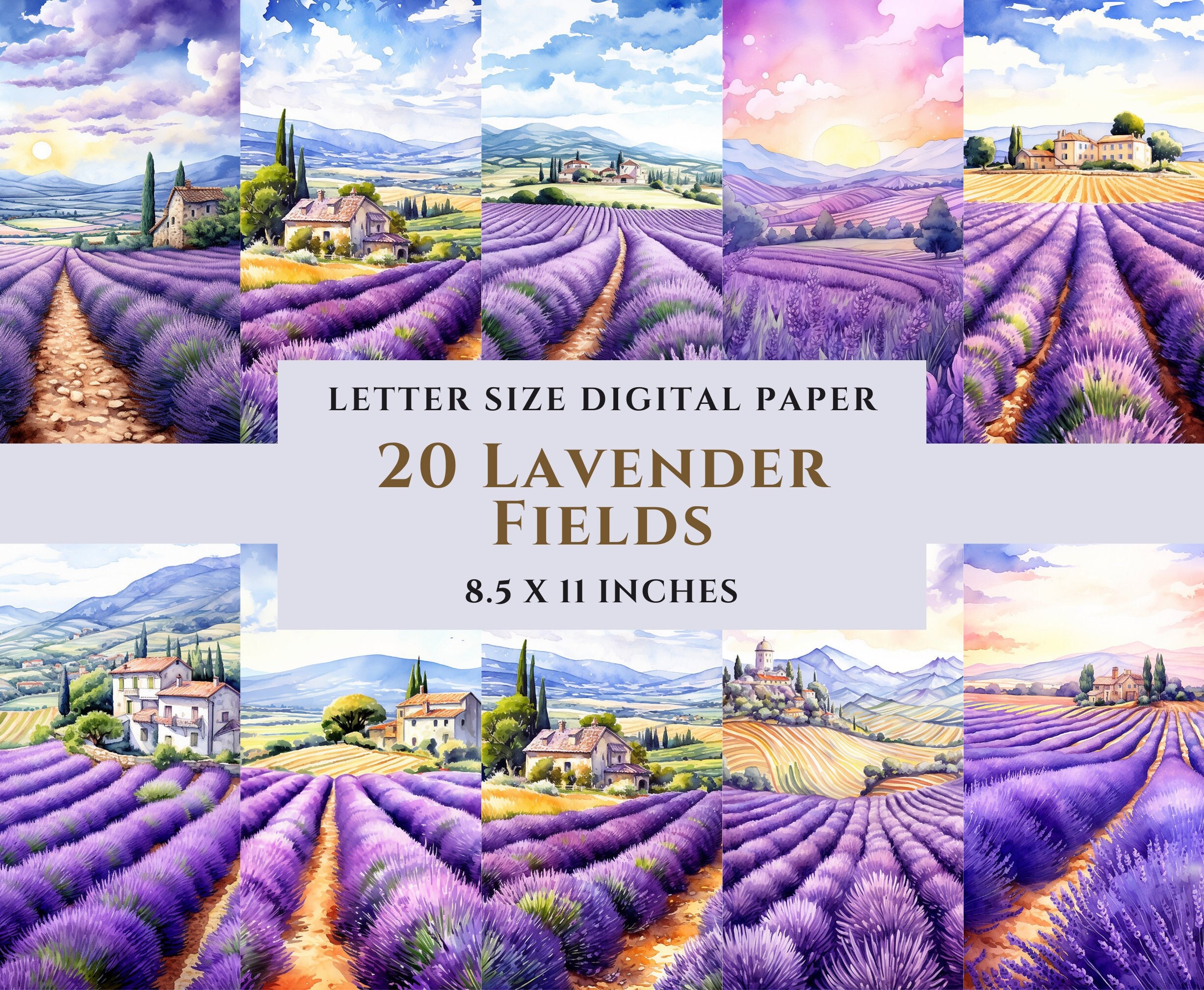 20 Lavender Fields Printable Digital Paper Bundle, Watercolor, Instant ...