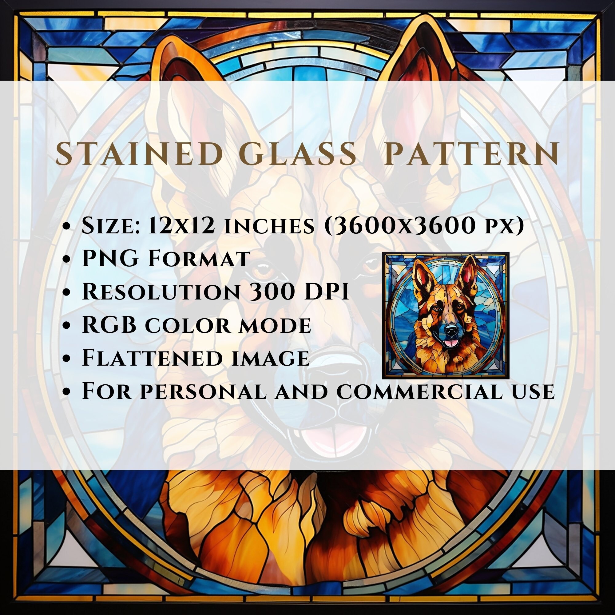 German Shepherd Dog Stained Glass Pattern, Sublimation Designs, Stained ...
