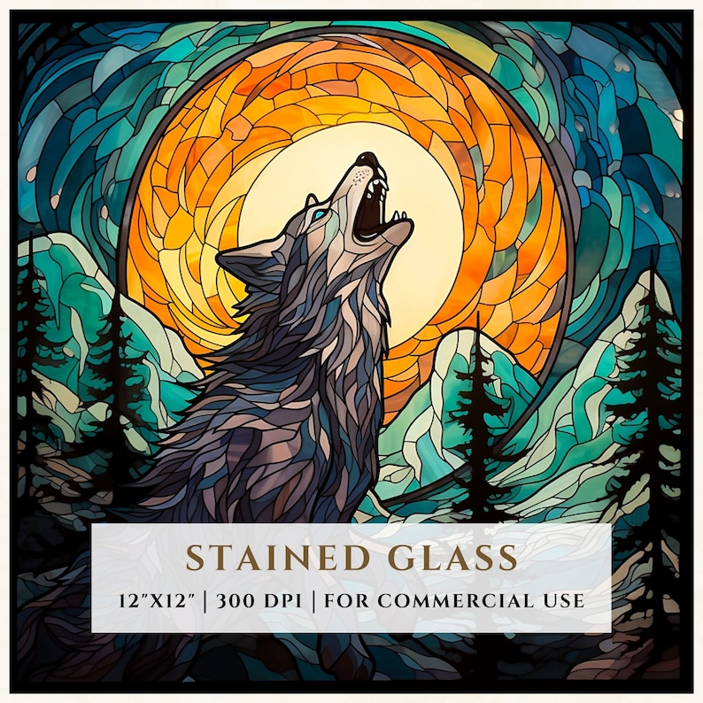 Wolf Howling At The Moon Stained Glass Pattern Sublimation Designs Stained Glass Png Faux