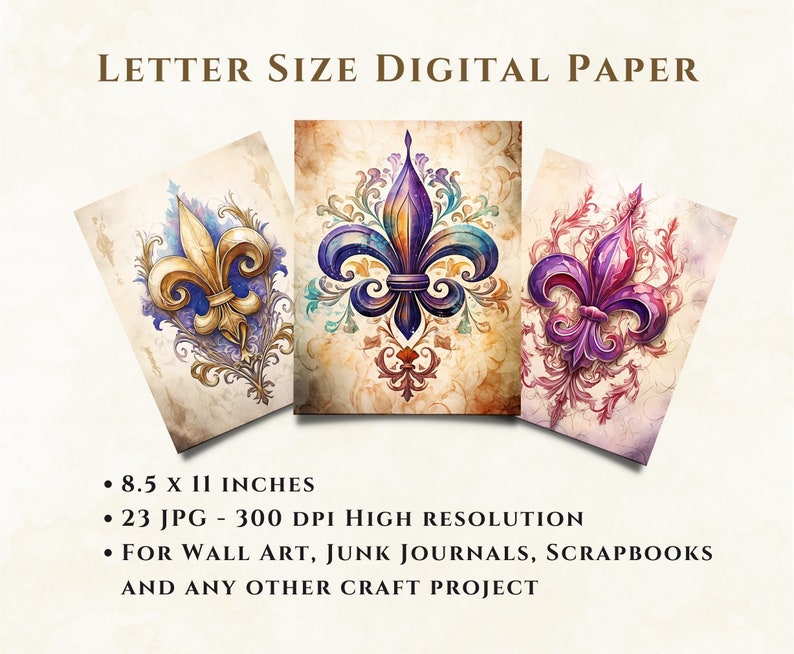 23 Fleur-de-lis Motifs Printable Digital Paper Bundle, Watercolor ...