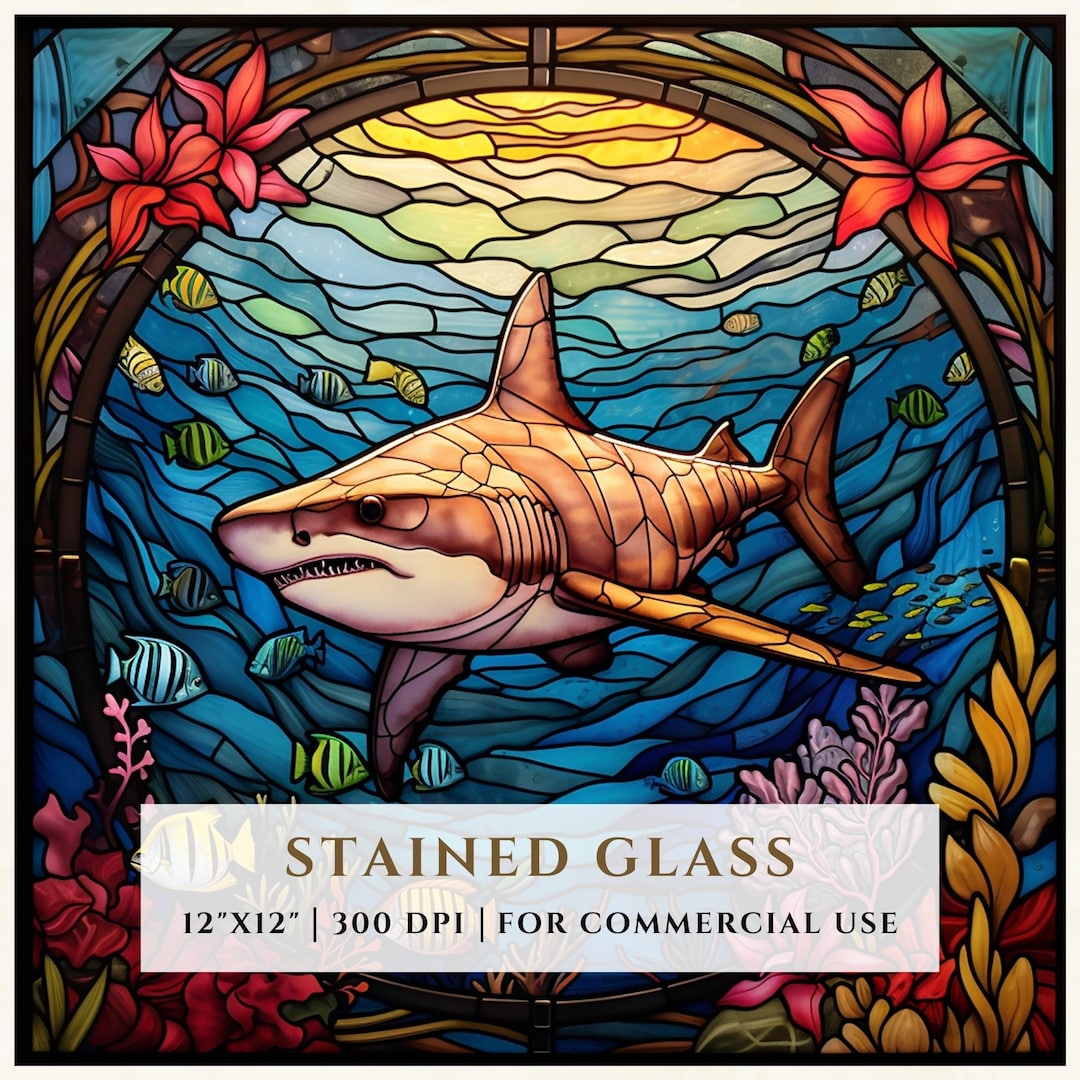 Shark Stained Glass Pattern, Sublimation Designs, Stained Glass PNG ...