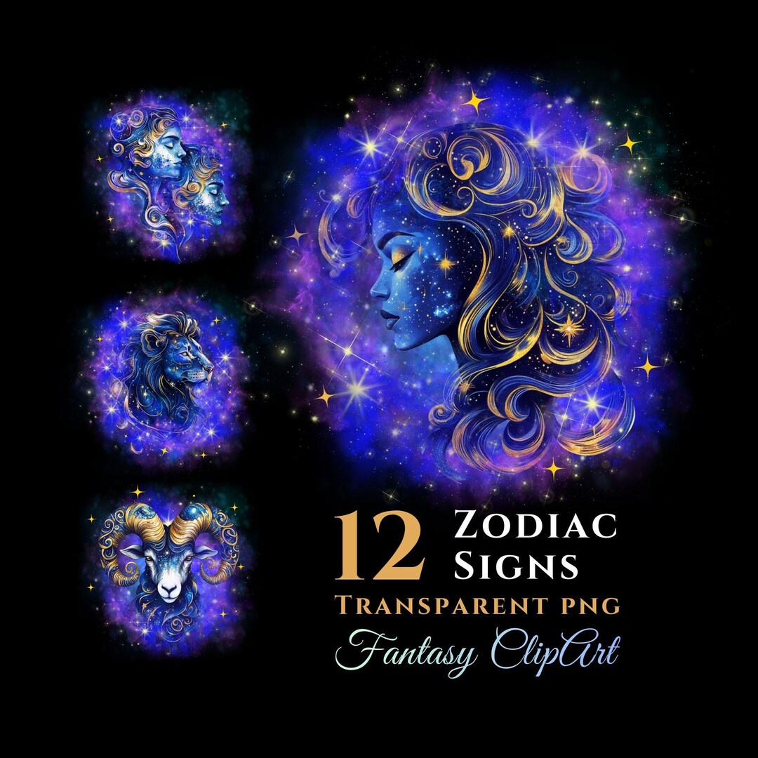 Zodiac Signs Clipart Bundle, Transparent Background, Fantasy Horoscope ...