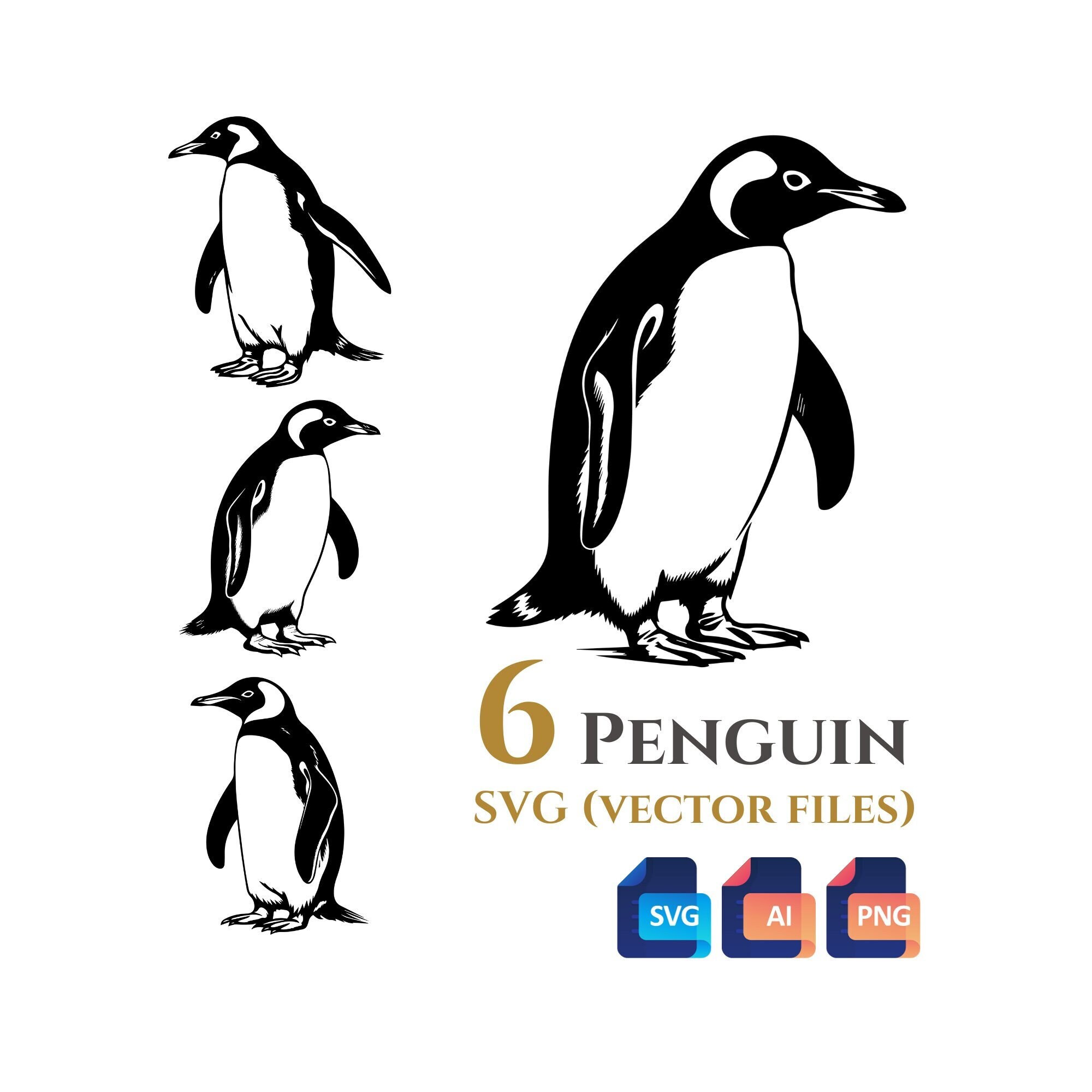 6 Penguins Svg Vector Clipart Bundle, Transparent Background, Instant ...
