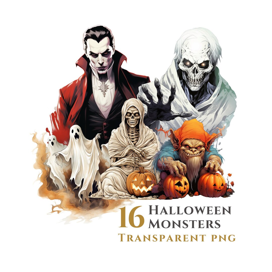 16 Halloween Monsters Clipart Bundle, Watercolor, Transparent ...