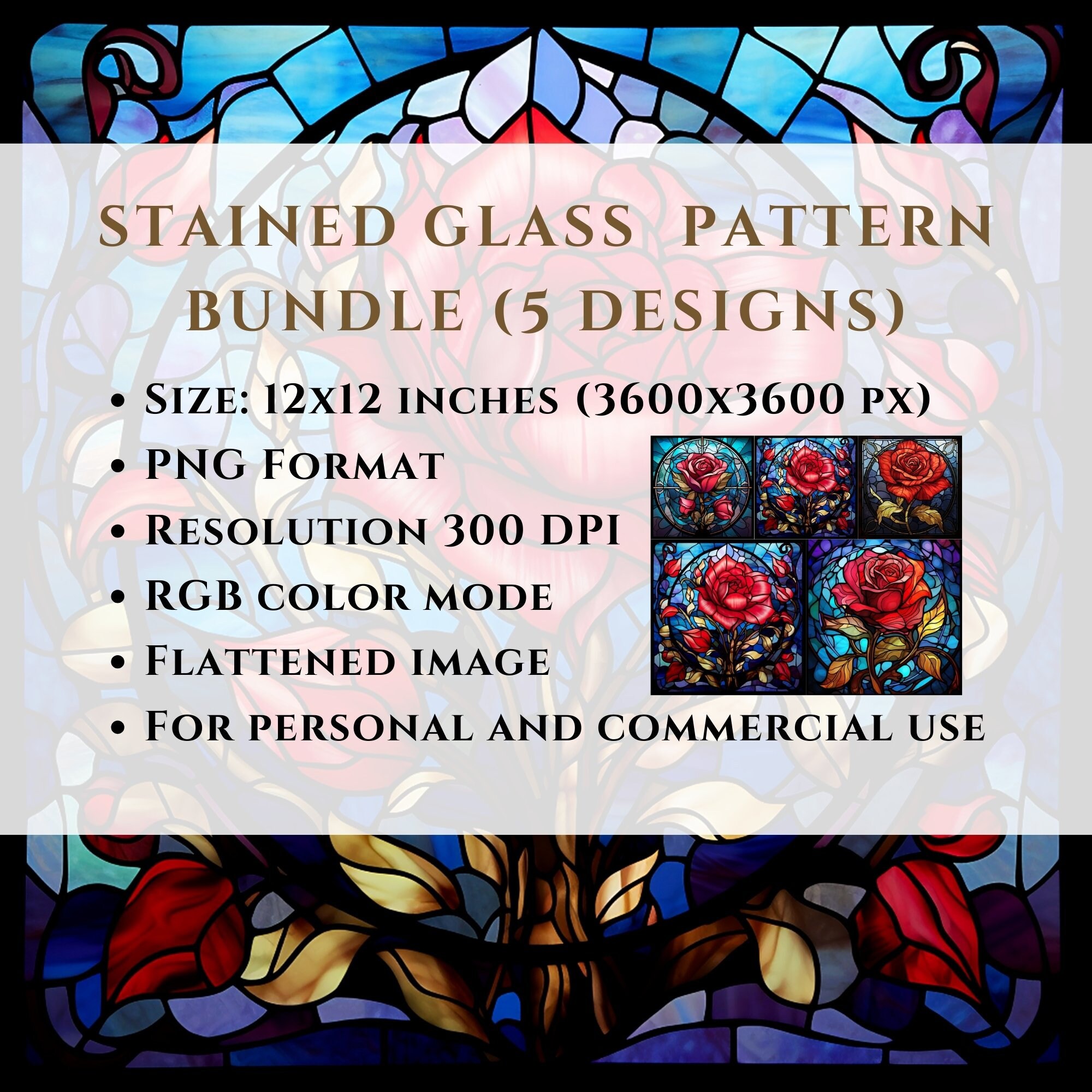 5 Red Rose Stained Glass Pattern Bundle Flower Floral - Etsy