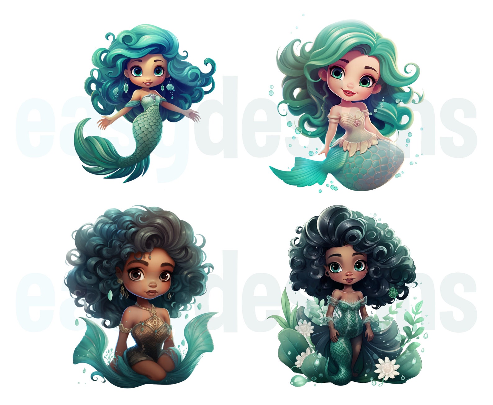 16 Cute Mermaids Clipart Bundle, Fantasy Art, Transparent Background ...