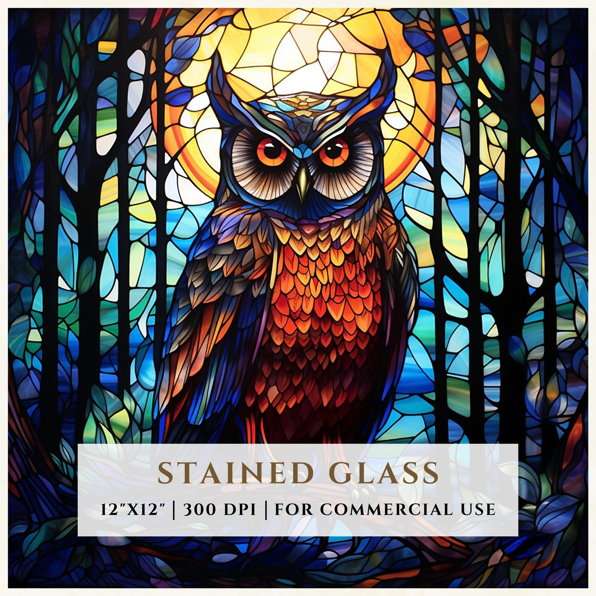 Owl Stained Glass Pattern, Sublimation Designs, Stained Glass PNG, Faux ...