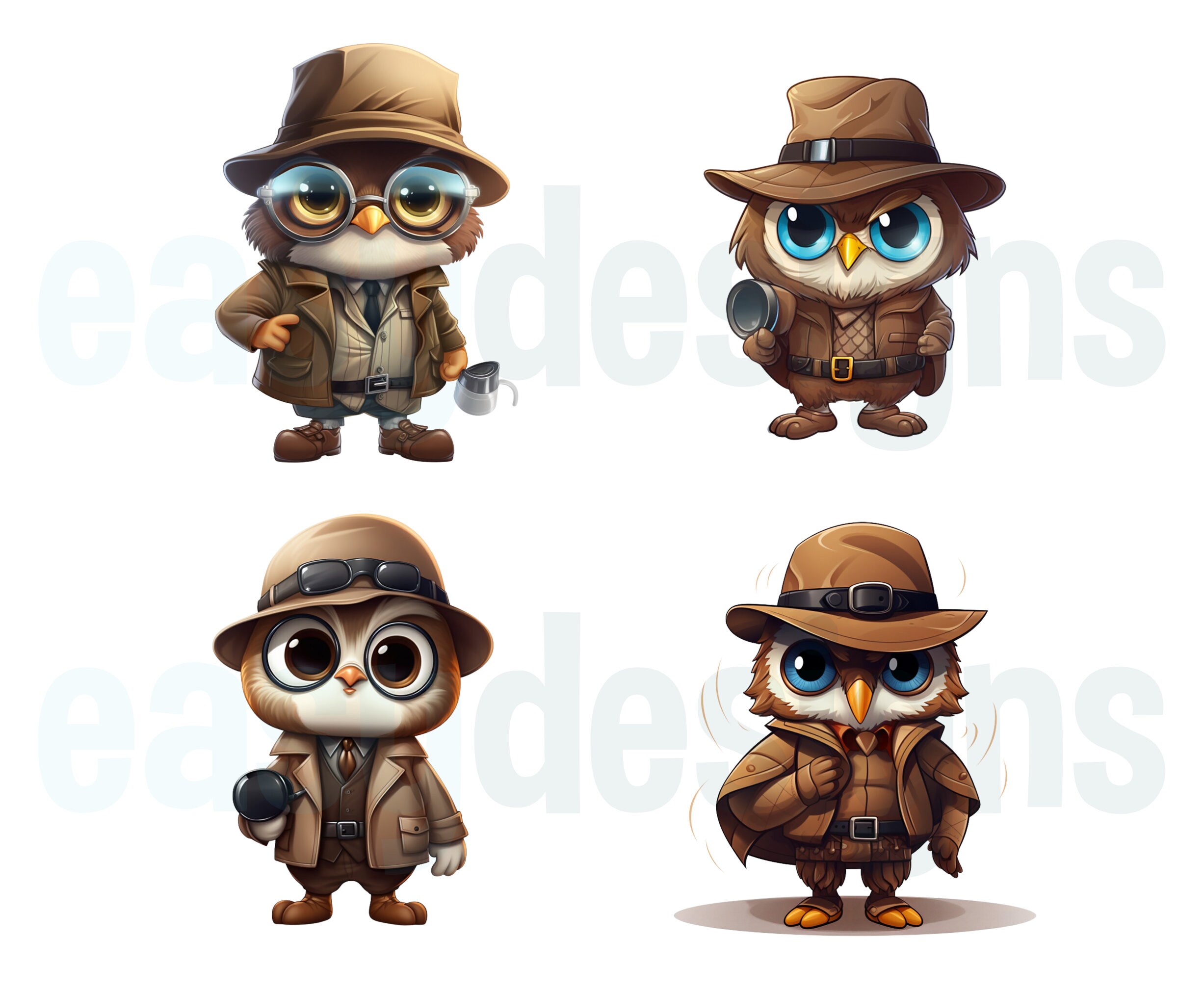 15 Owl Detective Clipart Bundle, Transparent Background, Digital ...