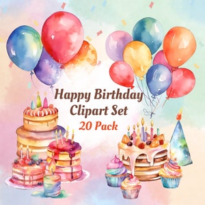 Watercolor Birthday Party Cake, Balloons Clipart Bundle of 20 ...