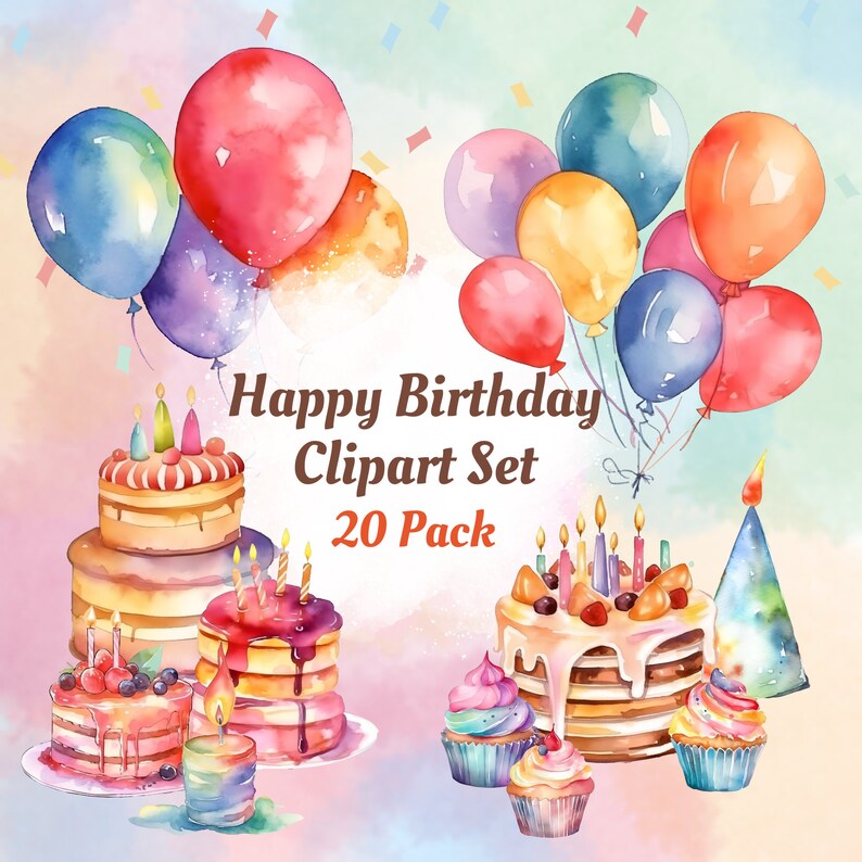 Watercolor Birthday Party Cake, Balloons Clipart Bundle of 20 ...