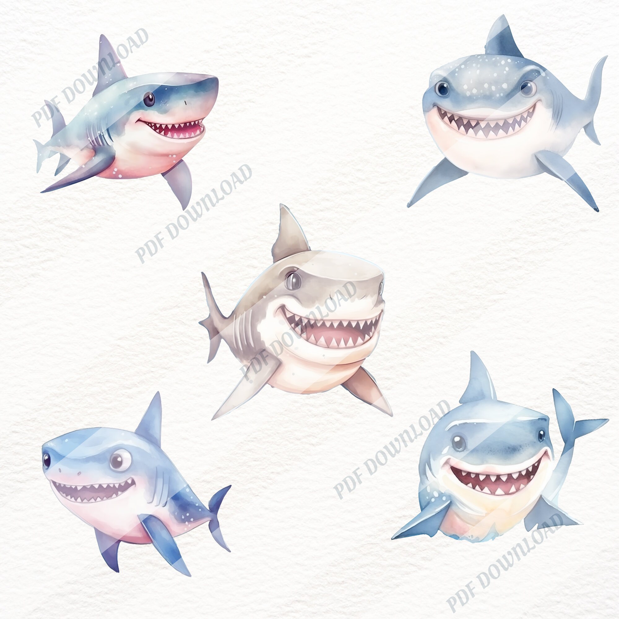 Sharks Watercolor Clipart Bundle, Digital Download, Watercolor Painting ...