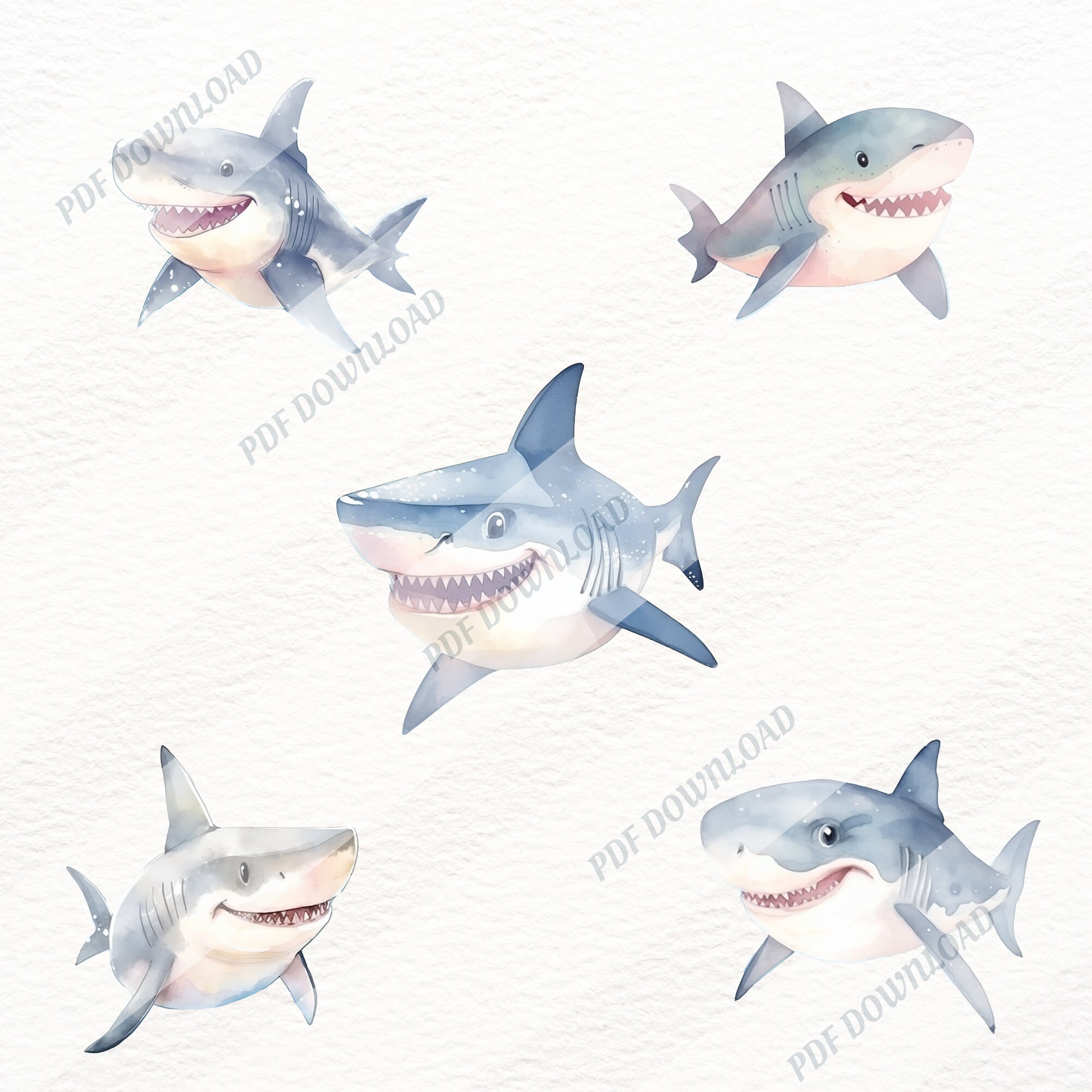 Sharks Watercolor Clipart Bundle, Digital Download, Watercolor Painting ...