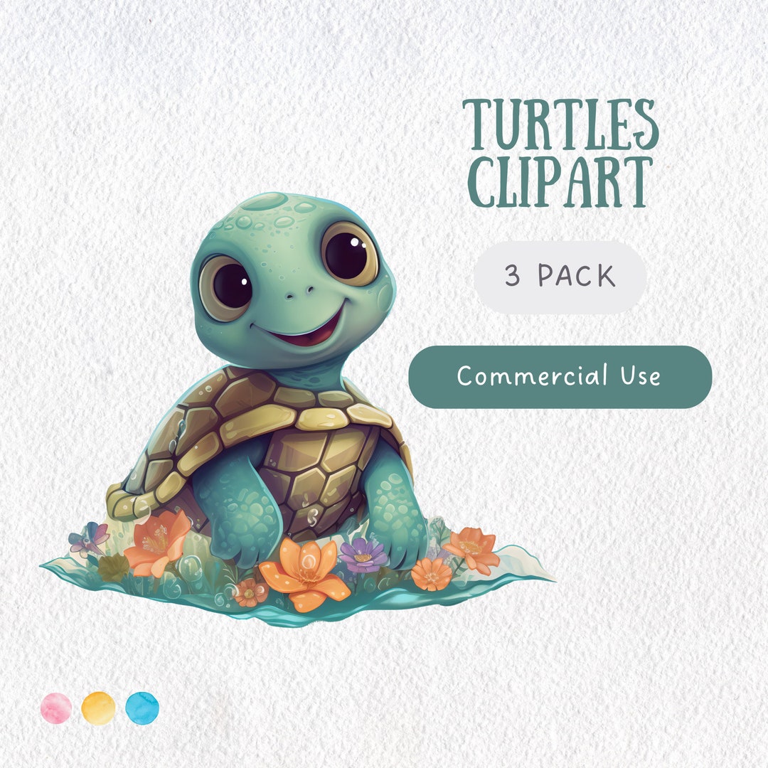 Sea Turtle Clipart With Water Bubbles and Flowers Adorable Perfect for ...