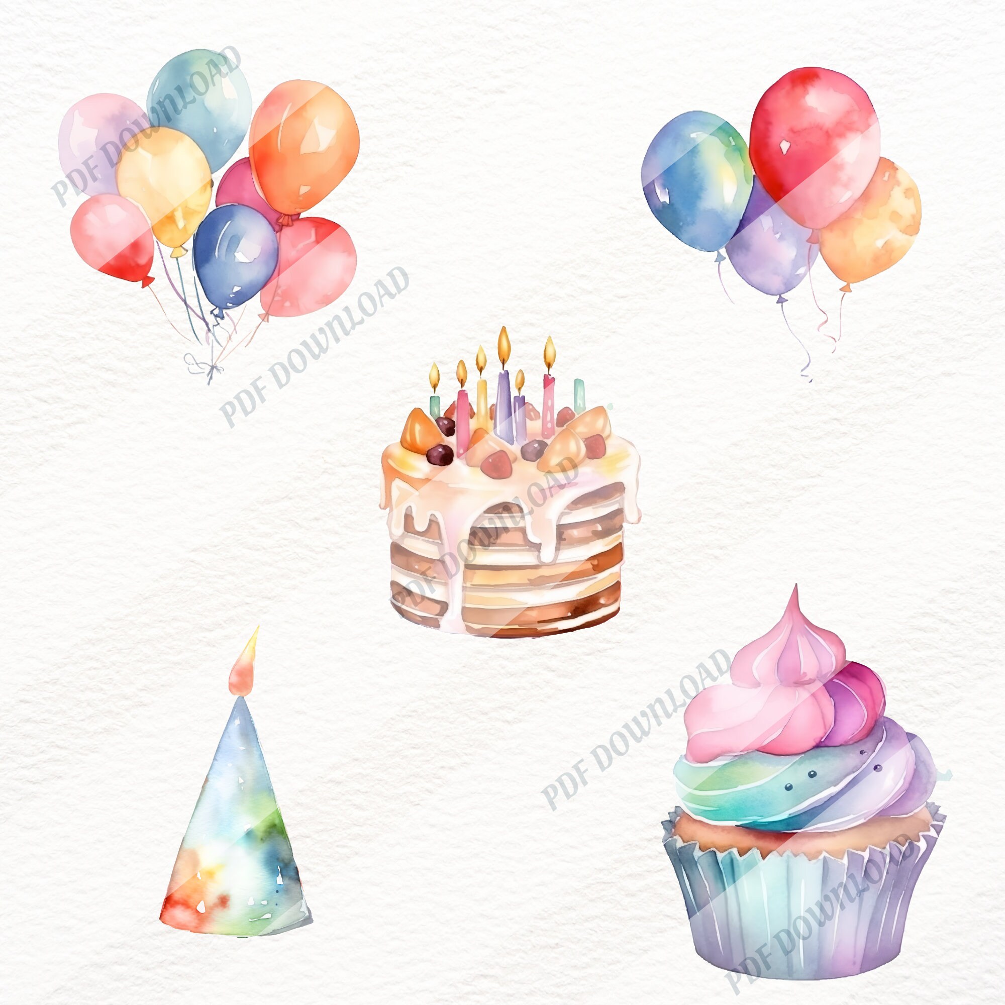 Watercolor Birthday Party Cake, Balloons Clipart Bundle of 20 ...