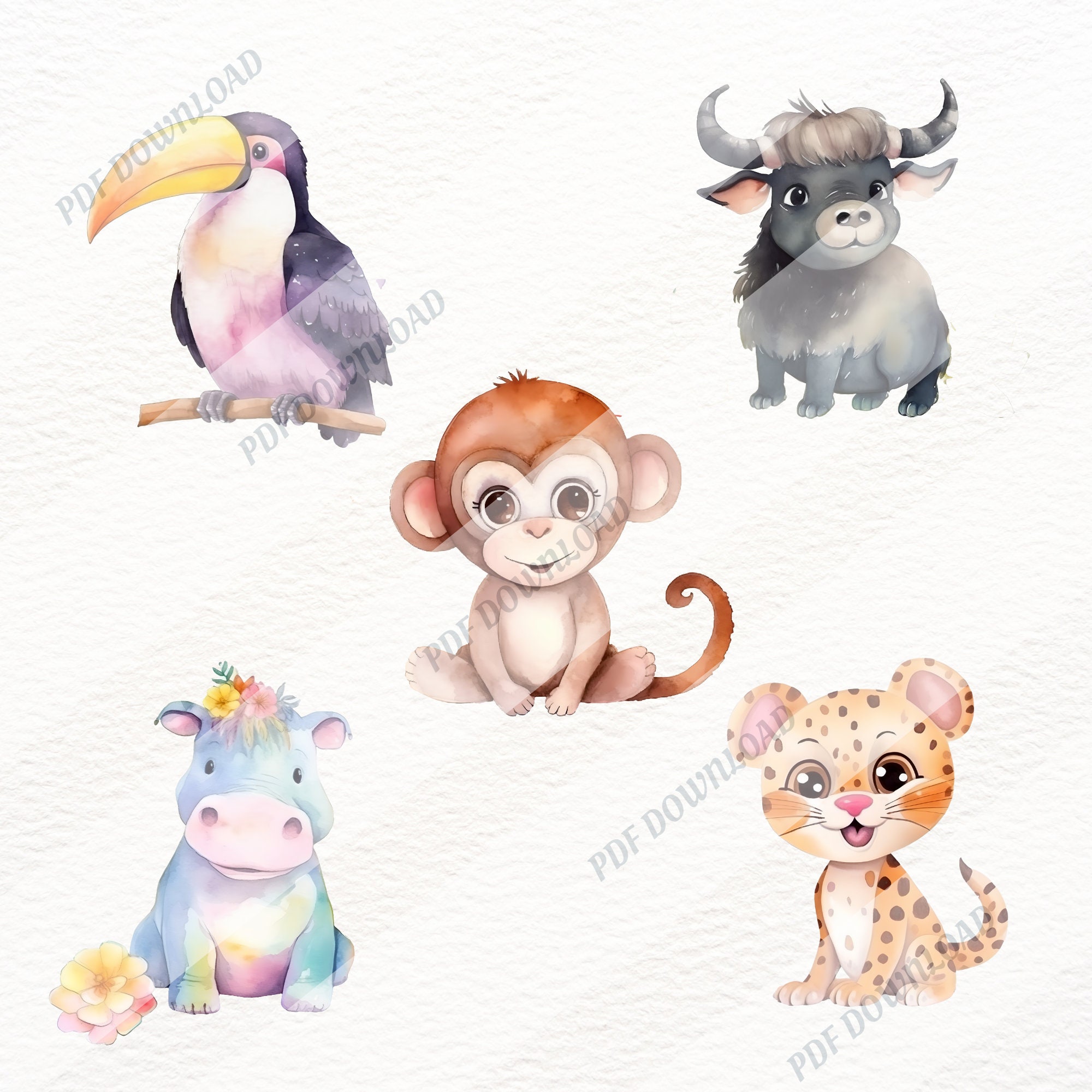 Wall Art Decor, Safari Animals Watercolor Clipart, Lion, Tiger, Giraffe ...