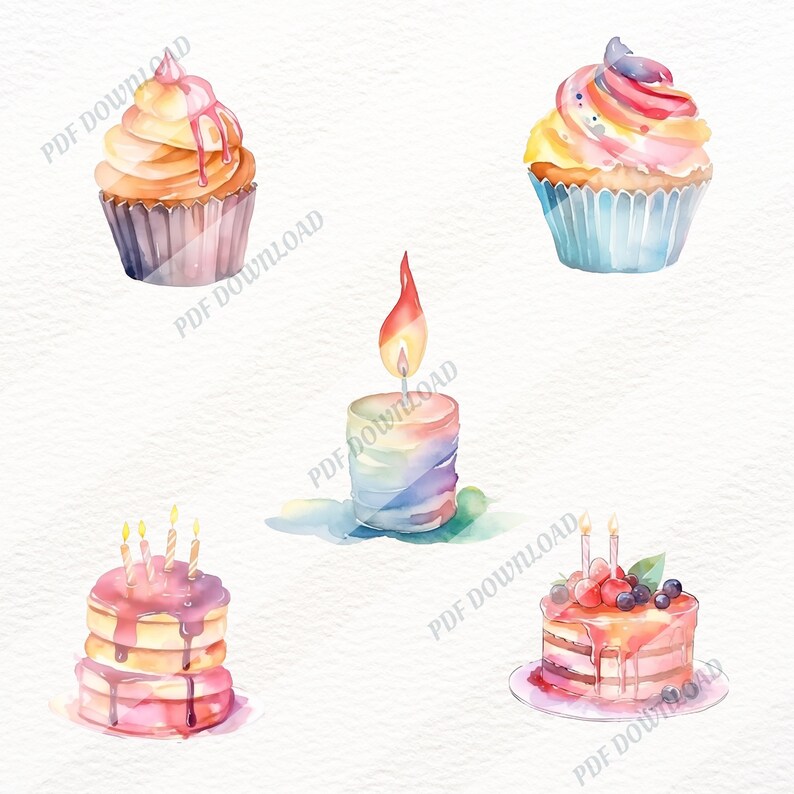 Watercolor Birthday Party Cake, Balloons Clipart Bundle of 20 ...