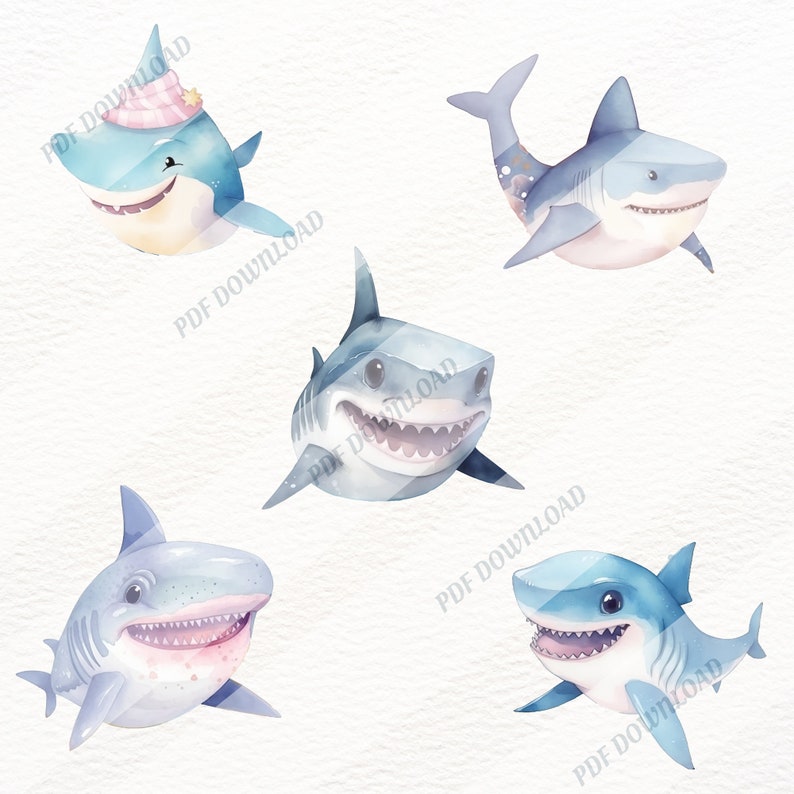 Sharks Watercolor Clipart Bundle, Digital Download, Watercolor Painting ...