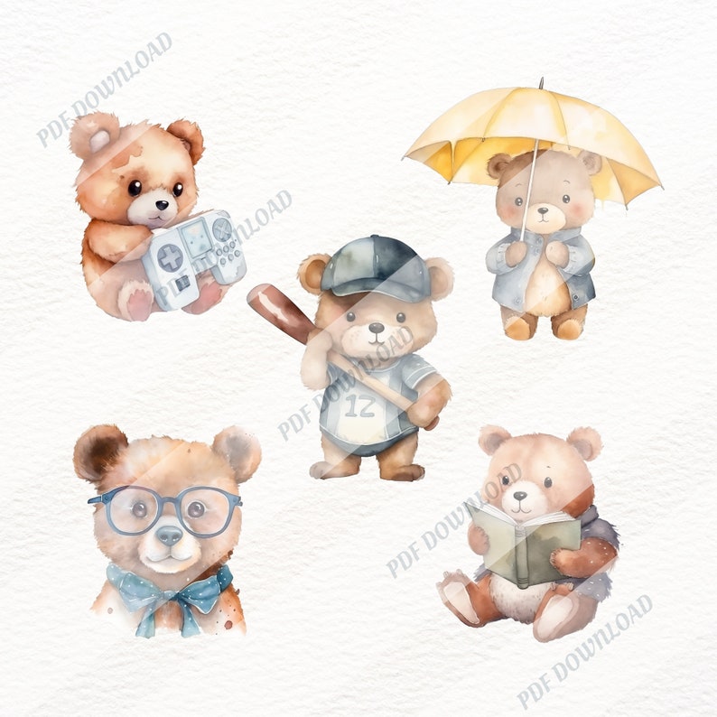 10 Teddy Bears Clipart, Baby Bear Watercolor Clip Art, Cute Bear Toy ...