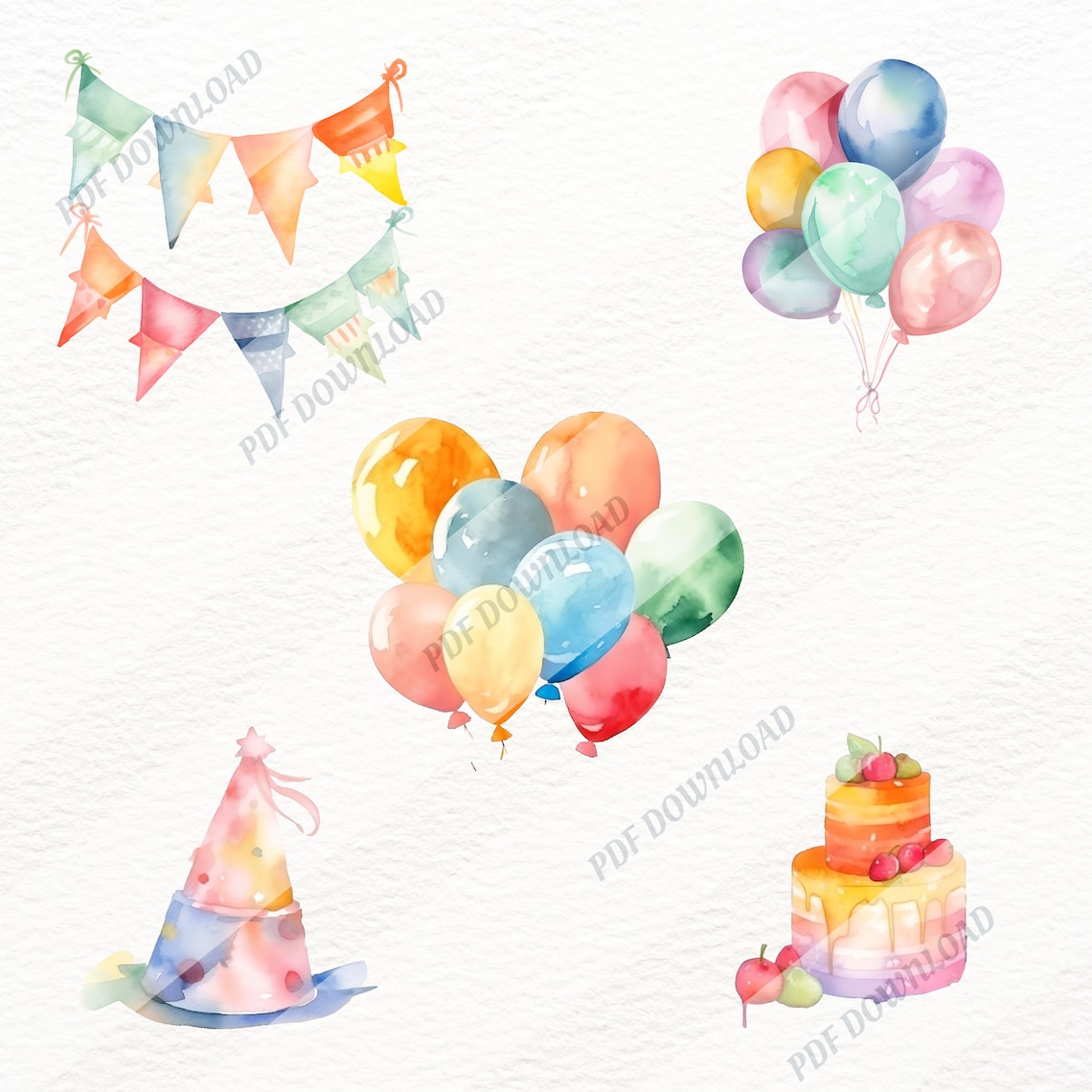 Watercolor Birthday Party Cake, Balloons Clipart Bundle of 20 ...