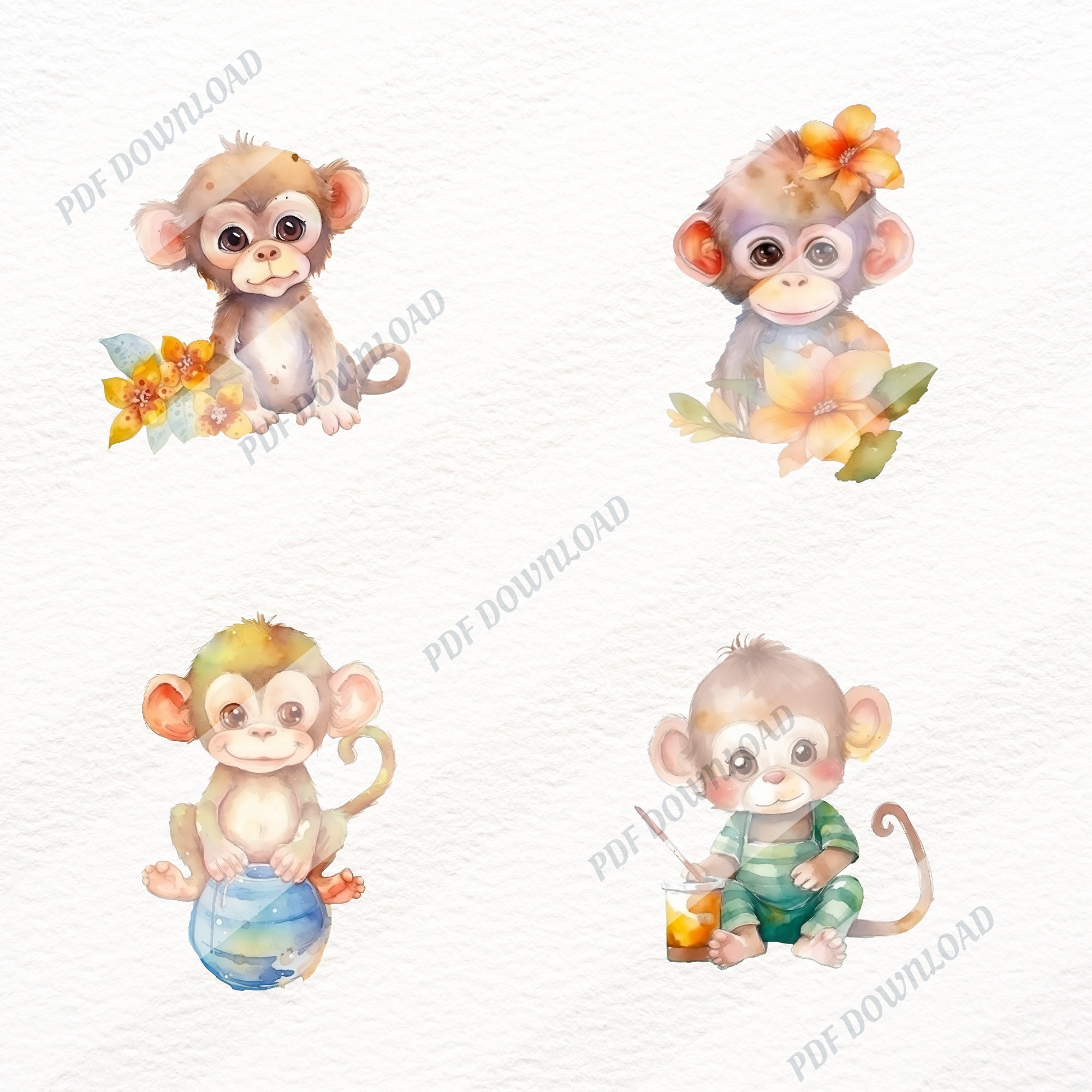 Cute Baby Monkey Watercolor Clipart, 8 Cute Baby Monkey Baby Png ...