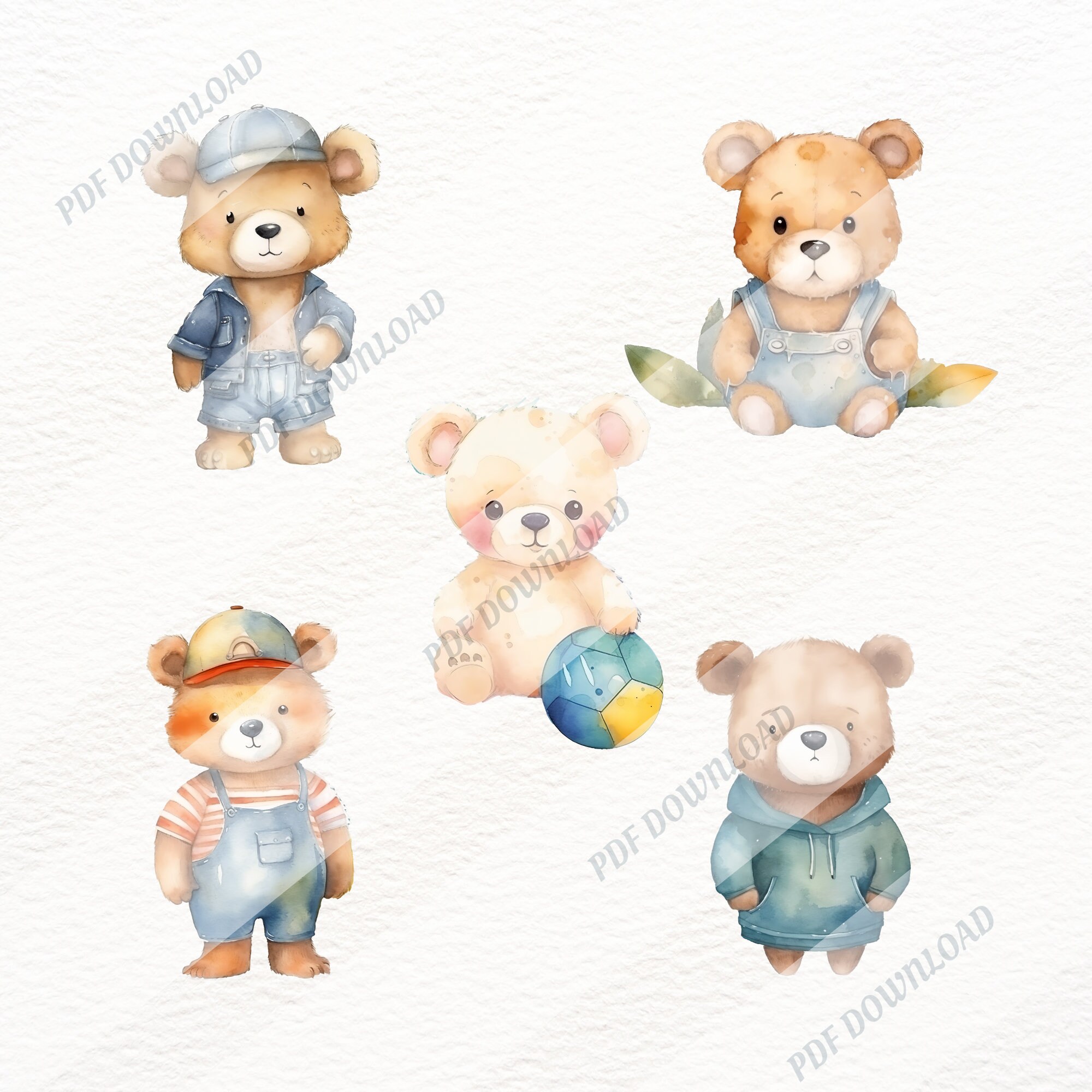 10 Teddy Bears Clipart, Baby Bear Watercolor Clip Art, Cute Bear Toy ...