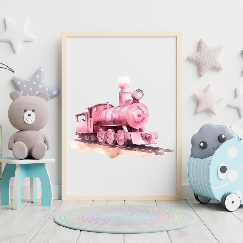 Watercolor Pink Train Kids Clipart, 3 Pink Train Png Clipart, Baby Boy ...