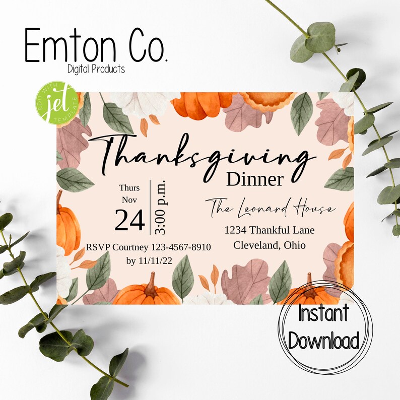 Thanksgiving Dinner Editable Printable Downloadable Invitation ...