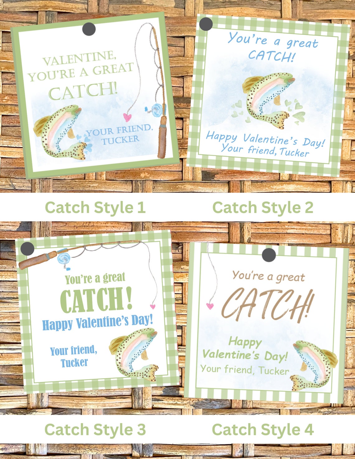 Valentine Gift Tags, Watercolor Fish Valentines, 'great Catch' Fishing ...