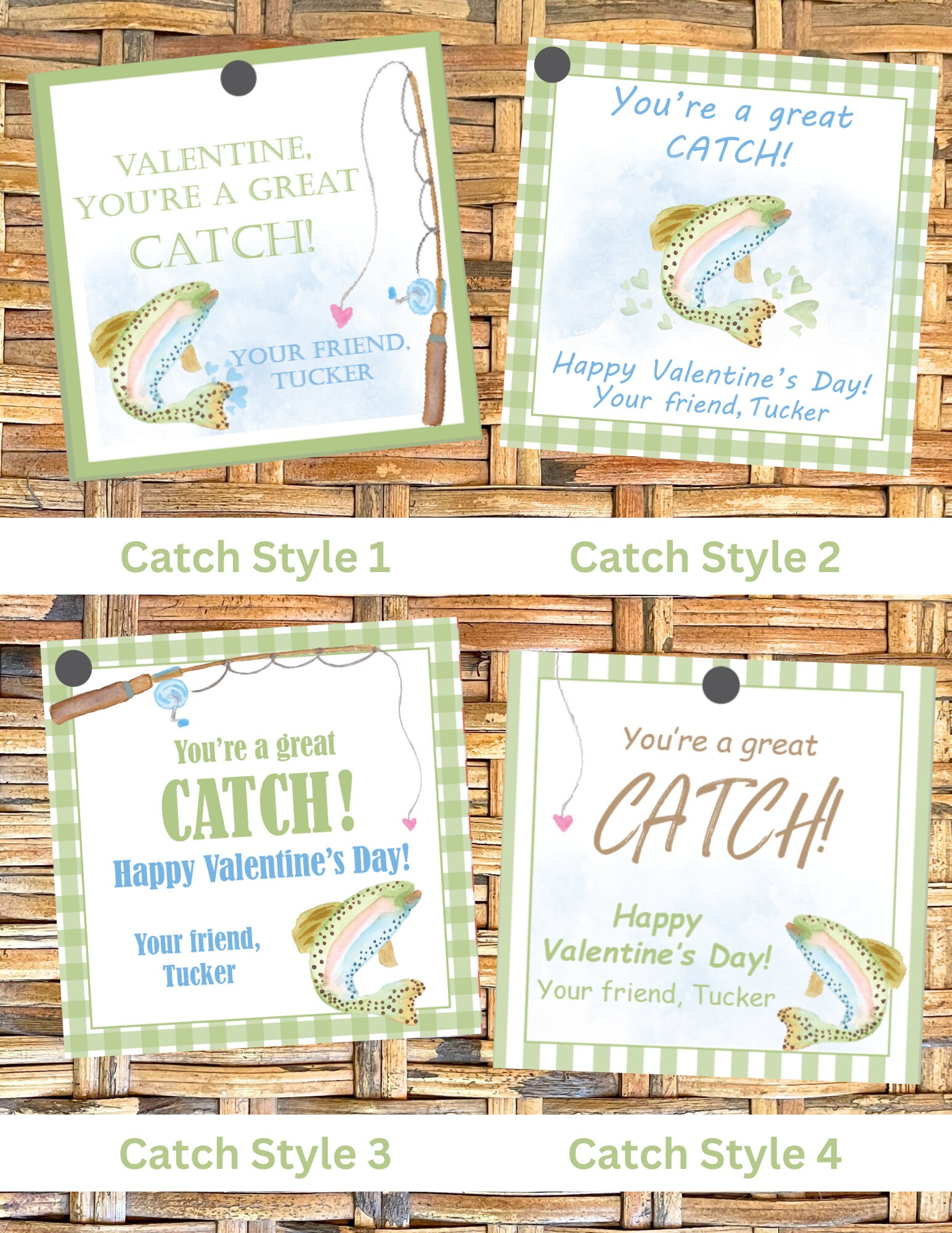 Valentine Gift Tags, Watercolor Fish Valentines, 'great Catch' Fishing ...