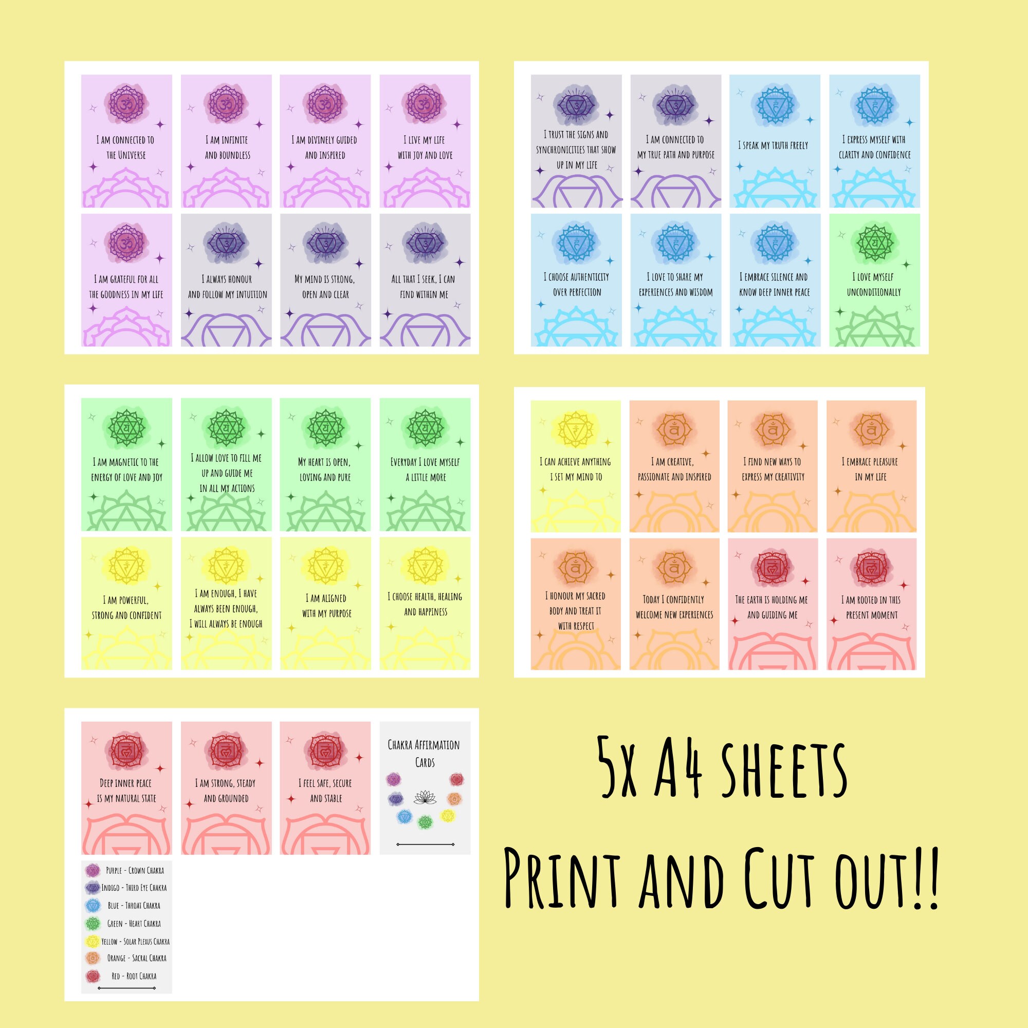 Printable Chakra Affirmation Cards, Digital Product, Print at Home, Set ...
