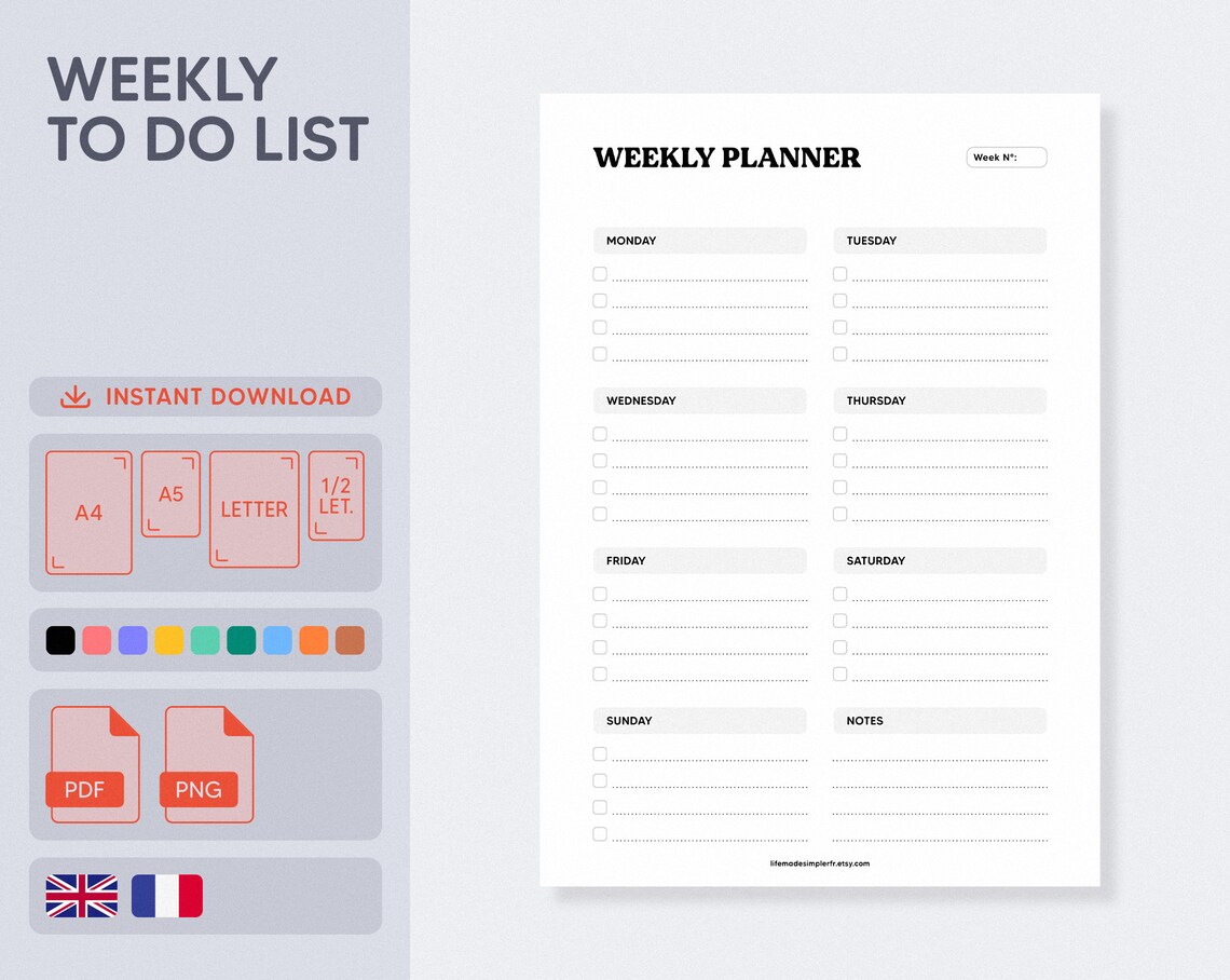 Weekly to Do List, Printable to Do List, Colored to Do List | Instant ...