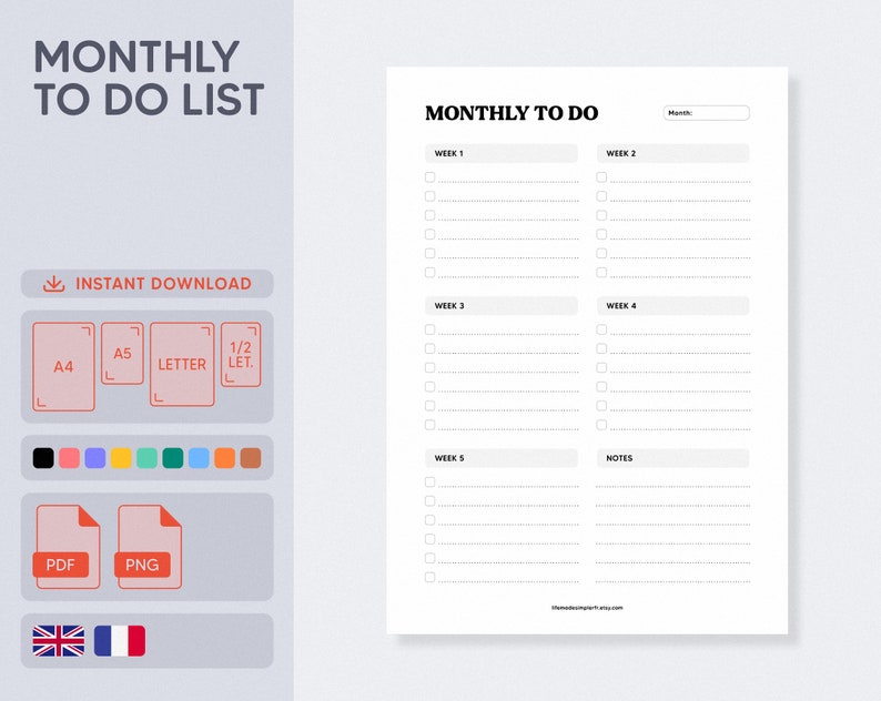 Monthly to Do List, Monthly Plan, Digital & Printable Planner | Instant ...
