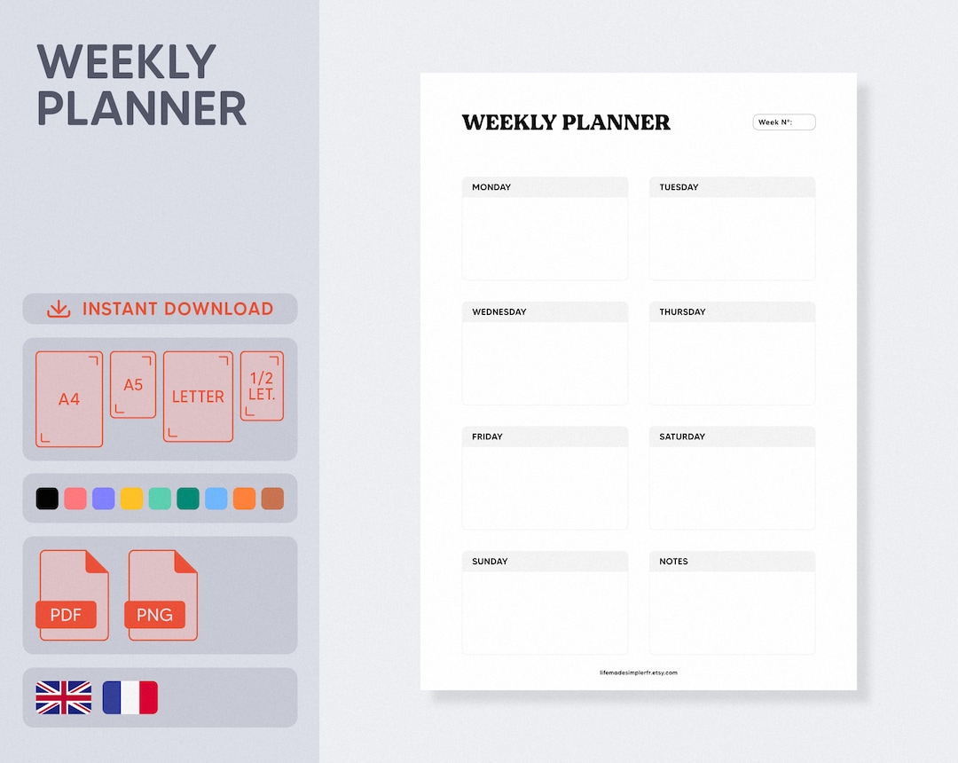 Weekly Planner, Printable Planner, Colored Planner Instant Download A5 ...