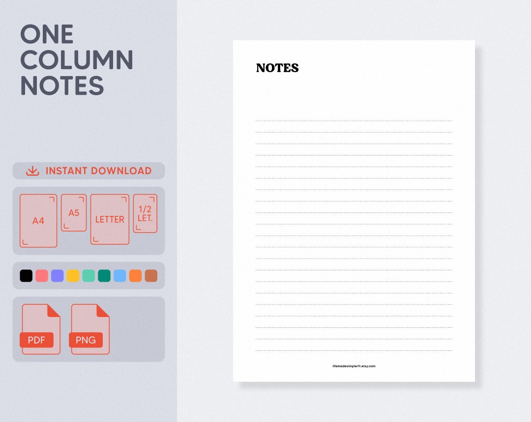1 Column Notes, Daily Task, Minimalist Notes Page, Digital & Printable ...