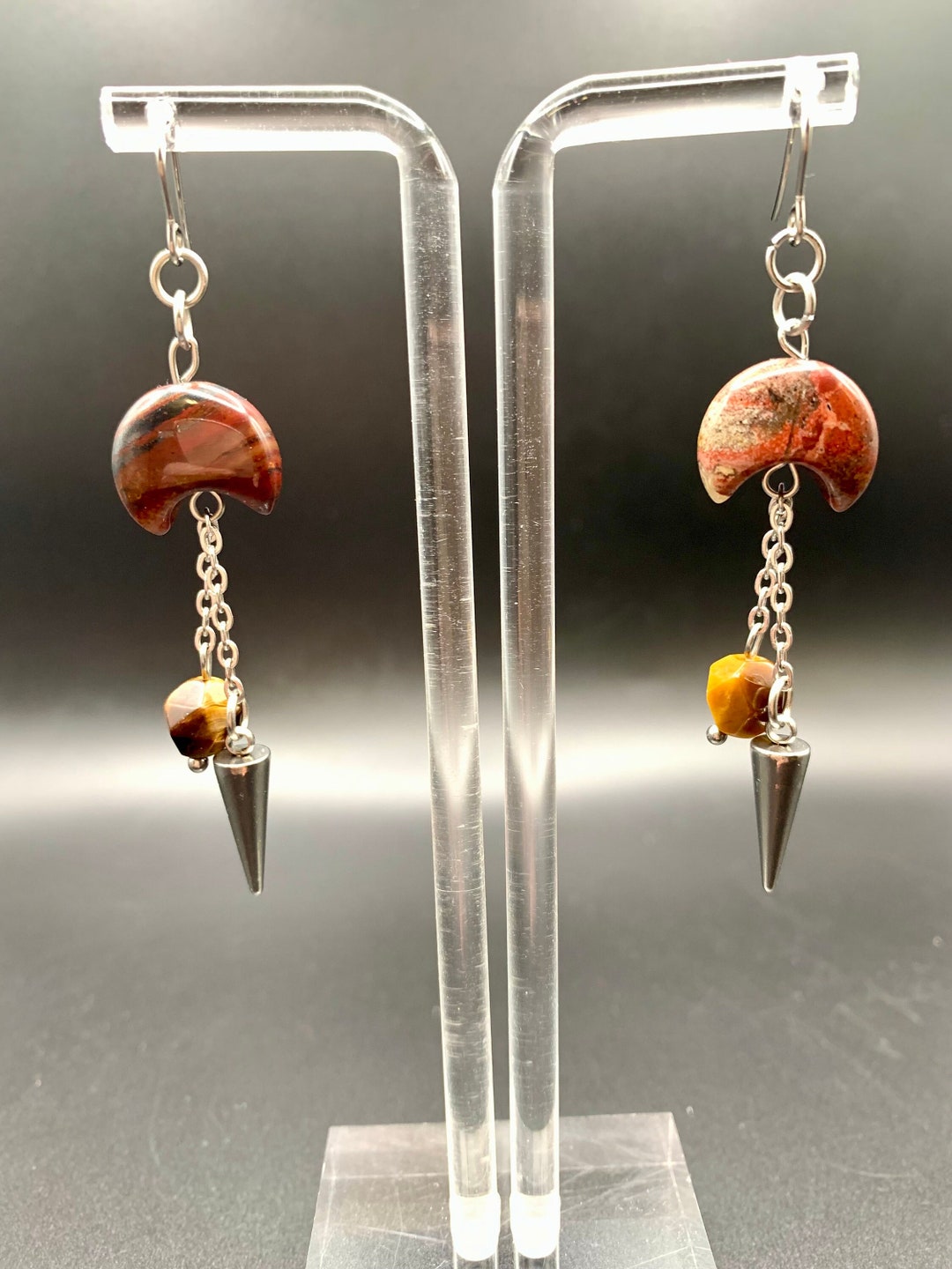 Red Rainbow Jasper & Tigers Eye Moon Pendulum Drop Earrings - Etsy