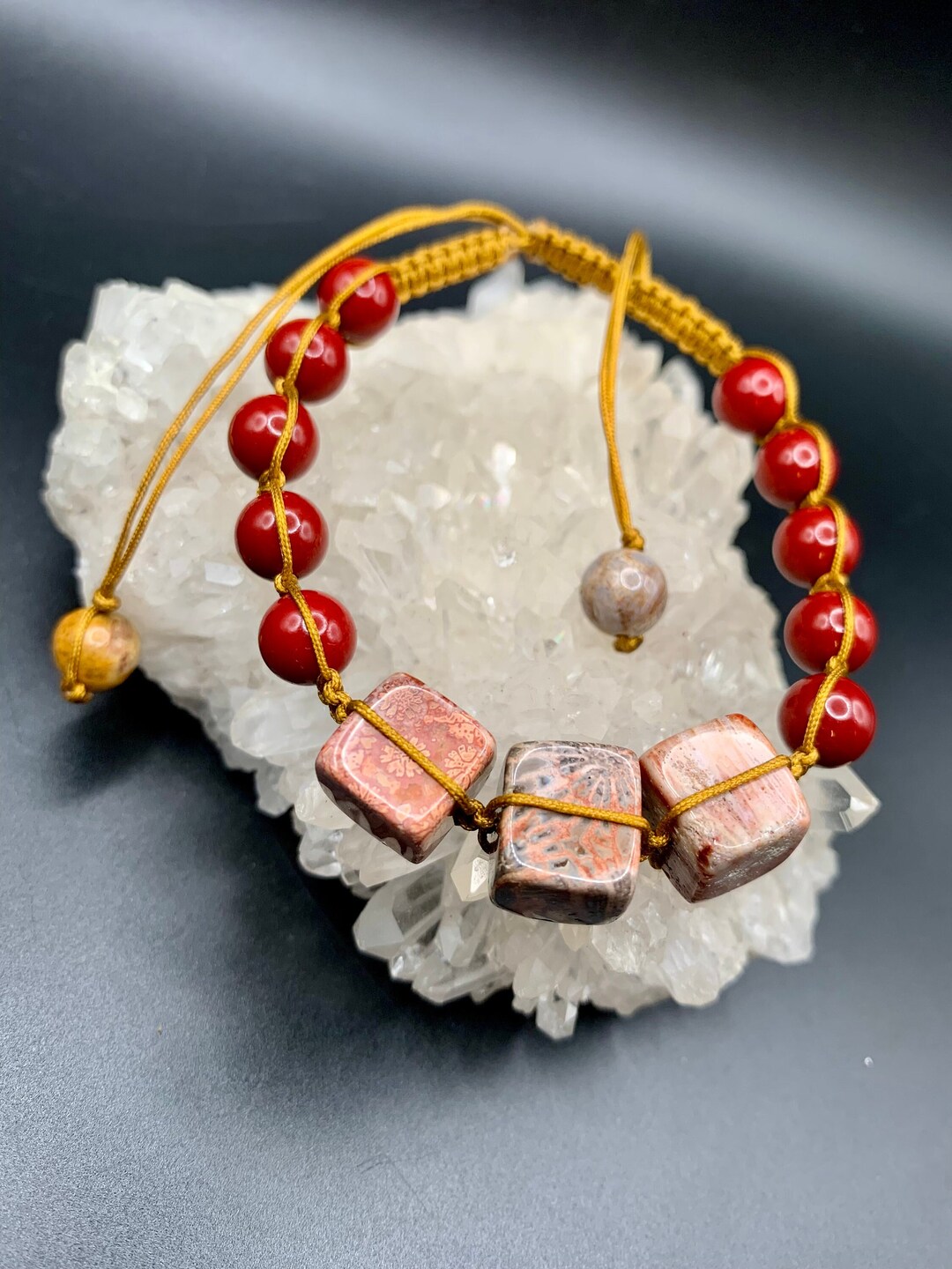 Coral Jasper and Red Cinnabar Macrame Bracelet - Etsy