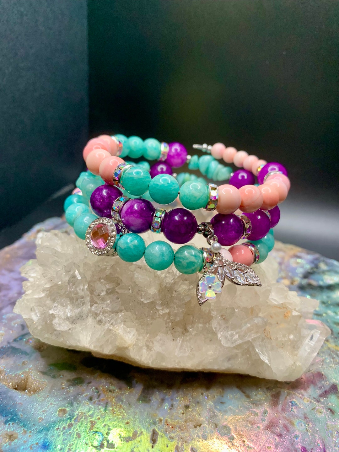 Queen Conch Shell, Amazonite, and Charoite pretty Mermaid Triple Stack ...