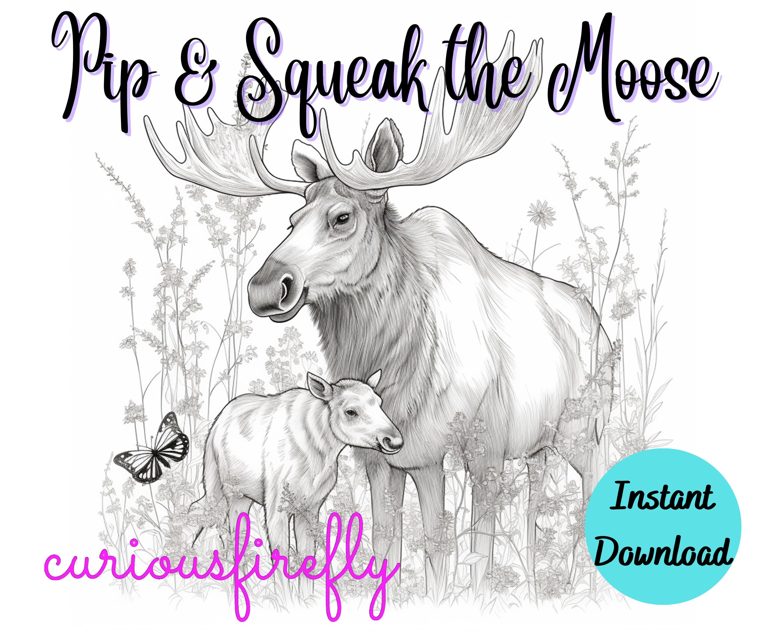 Coloring Page for Adults Mama & Baby Moose Grayscale Coloring Page ...