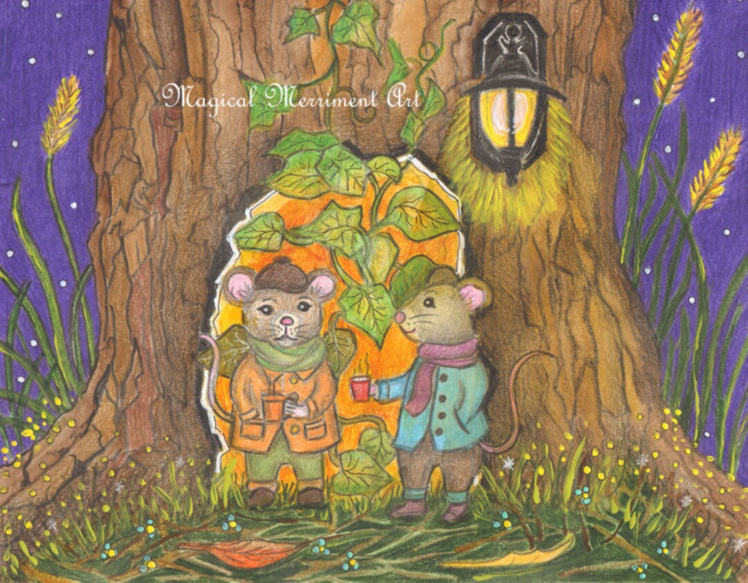 Mice Enjoying the Cool Weather of Autumn Outside Their Tree Trunk ...