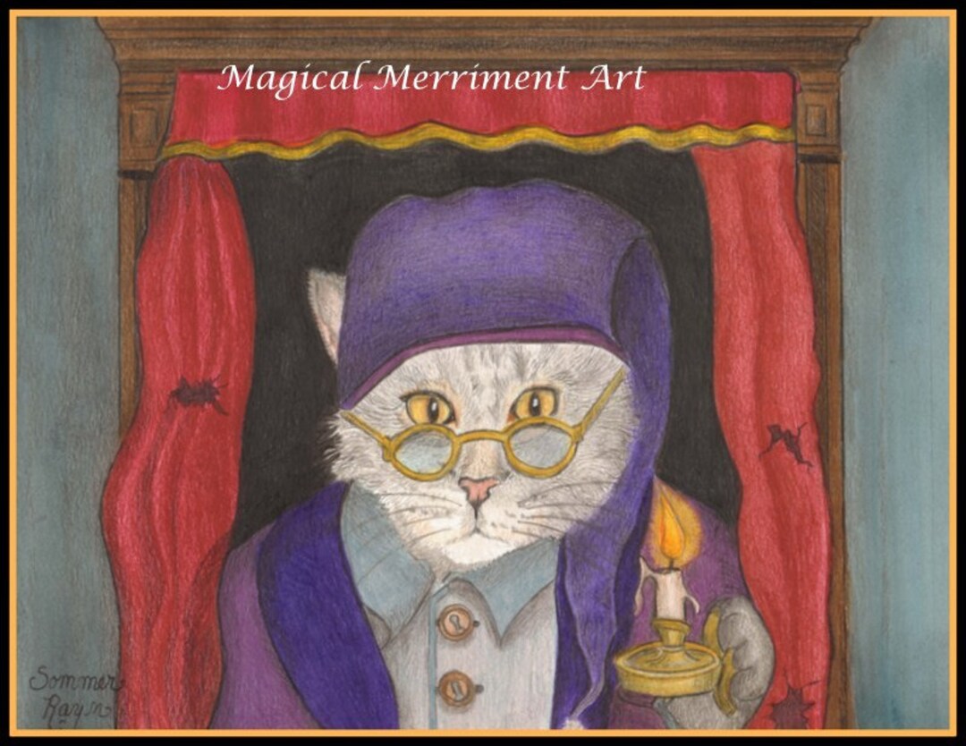 Scrooge as a Cat Peeking Out of His Bed Curtains With a - Etsy