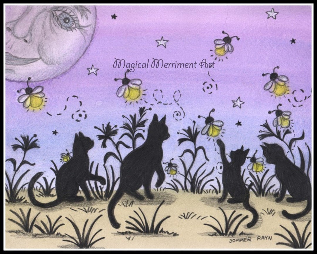 Playful Black Cats Enjoying a Night Playing With Fireflies - Etsy