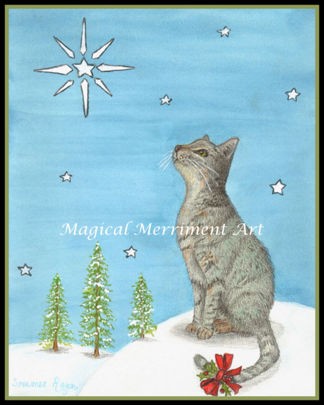 Cute Cat Wishing Upon a Star, Christmas Star, Christmas Card/print ...