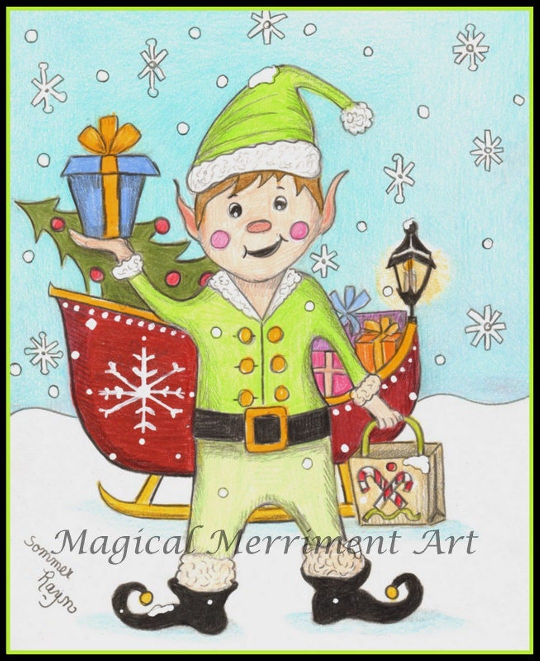 Santa's Little Helper, Elf Near a Sleigh With Presents, Christmas Card ...