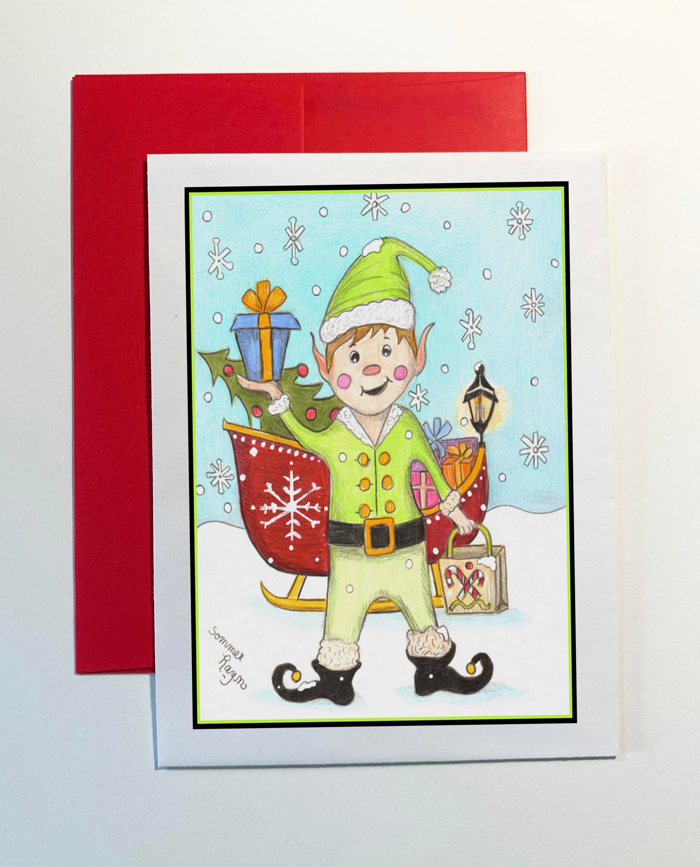 Santa's Little Helper, Elf Near a Sleigh With Presents, Christmas Card ...