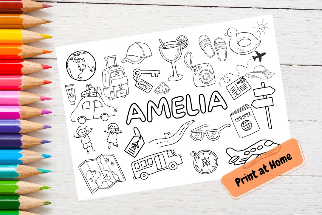 PERSONALIZED Travel Coloring Sheet, Printable Placemat, Kids Activity ...
