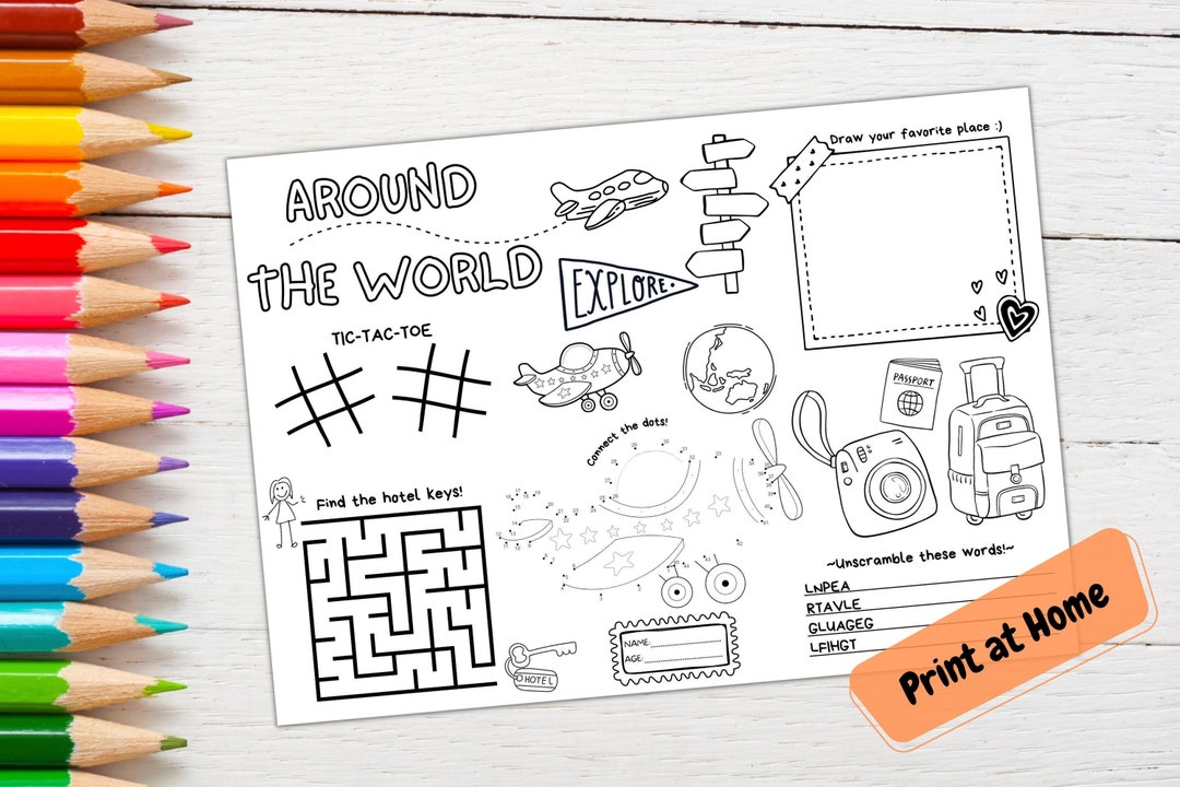 Travel Activity Sheet, Printable Coloring Page, Kids Activity Placemat ...