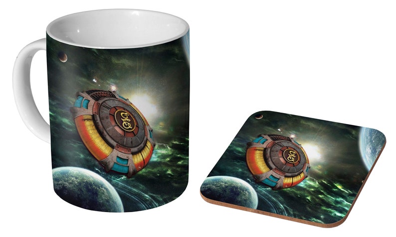 ELO Colourful Spaceship Inspired Ceramic Coffee Mug Coaster Gift Set ...