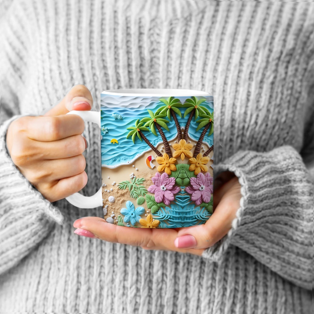 3D Beach Mug, Palm Tree Mug, Sunset Beach Mug, Beach Mug, Coastal ...